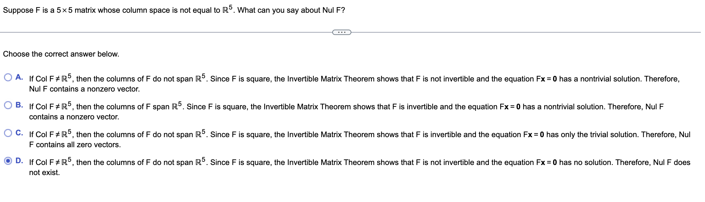Solved Suppose F ﻿is a 5×5 ﻿matrix whose column space is not | Chegg.com