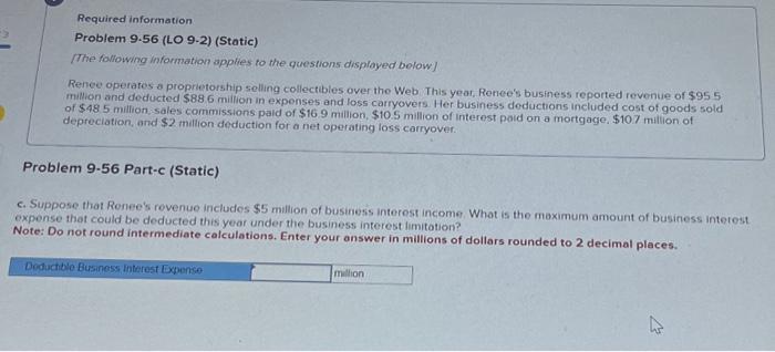 Required information Problem 9.56 (LO 9.2) (Static) | Chegg.com