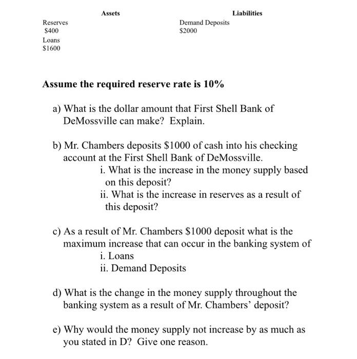 Solved Assets Liabilities Reserves $400 Loans $1600 Demand | Chegg.com