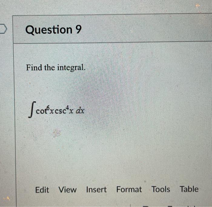 Solved Question 9 Find the integral. ∫cot6xcsc4xdx Edit View | Chegg.com