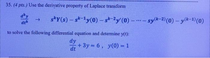 Solved 35. (4 pts.) Use the derivative property of Laplace | Chegg.com