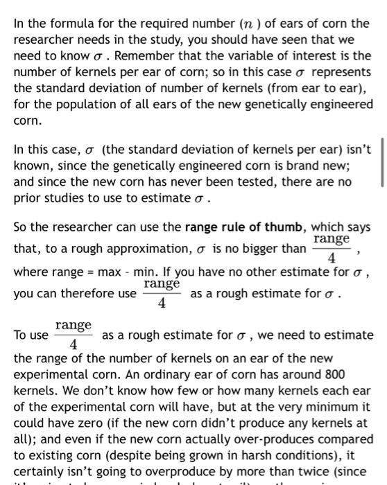Solved In the formula for the required number (n) of ears of | Chegg.com