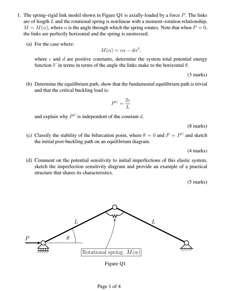 Solved 1. The spring-rigid link model shown in Figure Q1 is | Chegg.com