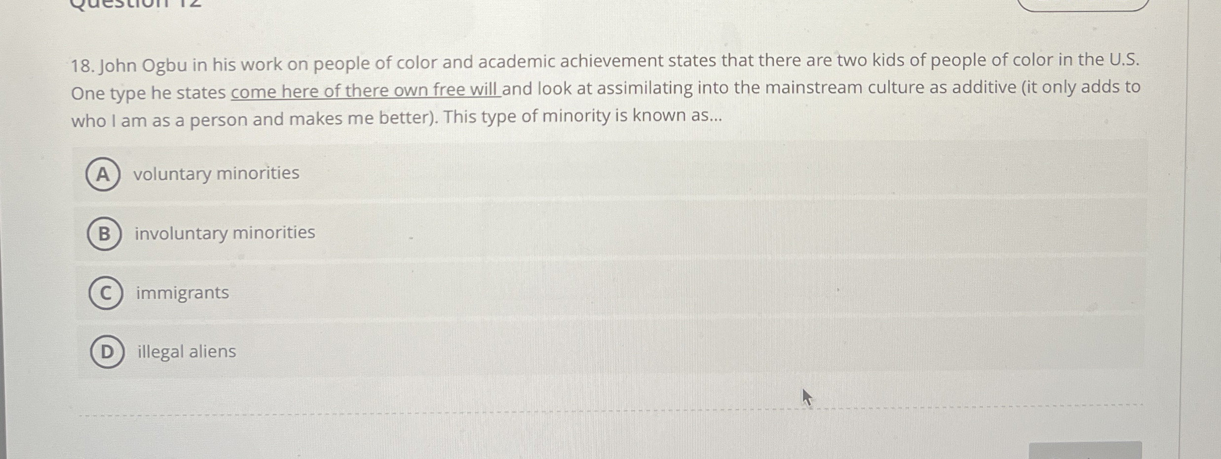Solved John Ogbu in his work on people of color and academic | Chegg.com