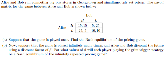 Solved Alice and Bob run competing big box stores in | Chegg.com