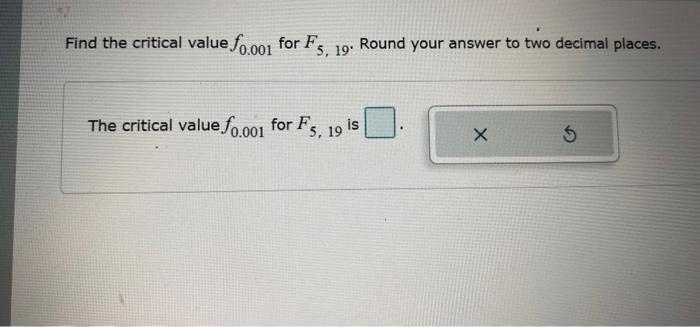 Solved Find the critical value f0.001 for F5,19. Round your | Chegg.com