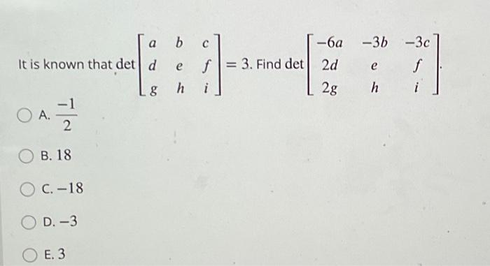 Solved If A is a 5×5 matrix and det(A−1)=21, find det(AdjA). | Chegg.com