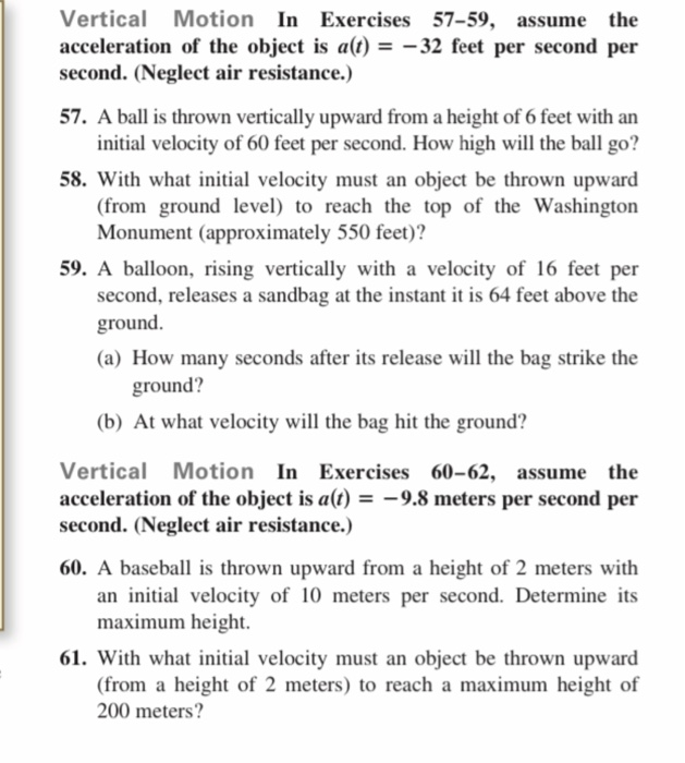 Solved Vertical Motion In Exercises 57-59, assume the | Chegg.com