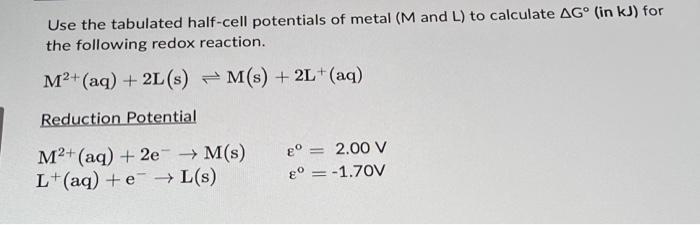 Solved Use the tabulated half-cell potentials of metal (M | Chegg.com
