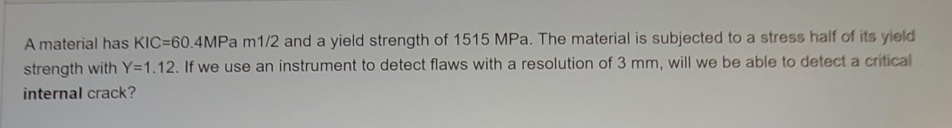 Solved A material has KIC=60.4MPam1/2 and a yield strength | Chegg.com