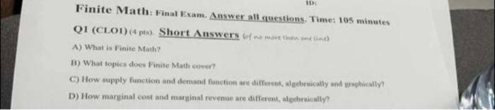 Solved Finite Math: Finat Exam. Answer all questions. Time: | Chegg.com