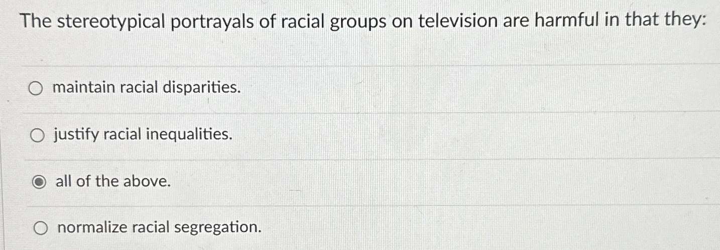 Solved The stereotypical portrayals of racial groups on | Chegg.com