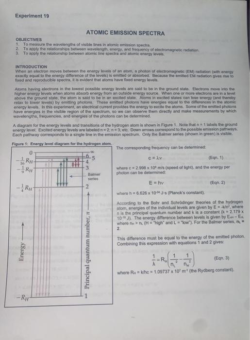 Experiment 19 ATOMIC EMISSION SPECTRA OBJECTIVES 1. | Chegg.com