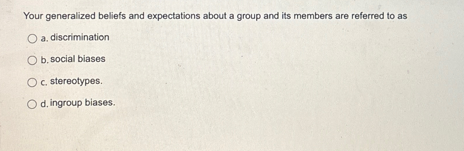 Solved Your generalized beliefs and expectations about a | Chegg.com