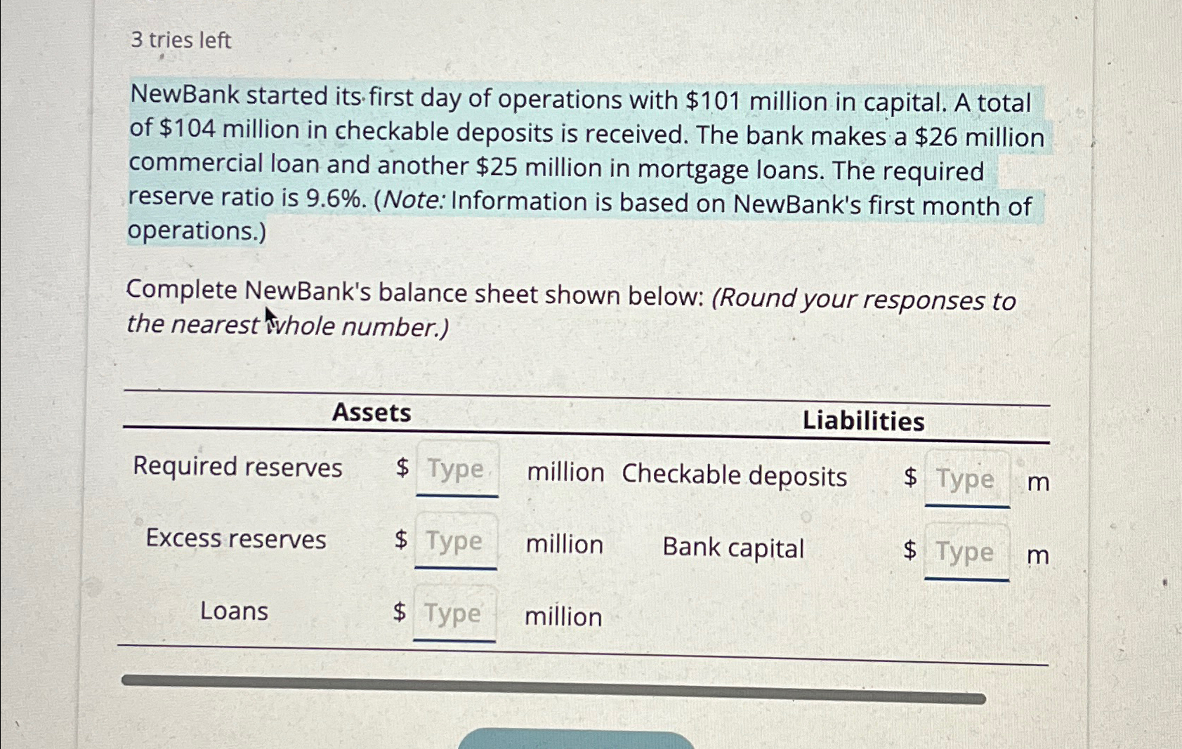 Solved 3 ﻿tries leftNewBank started its first day of | Chegg.com