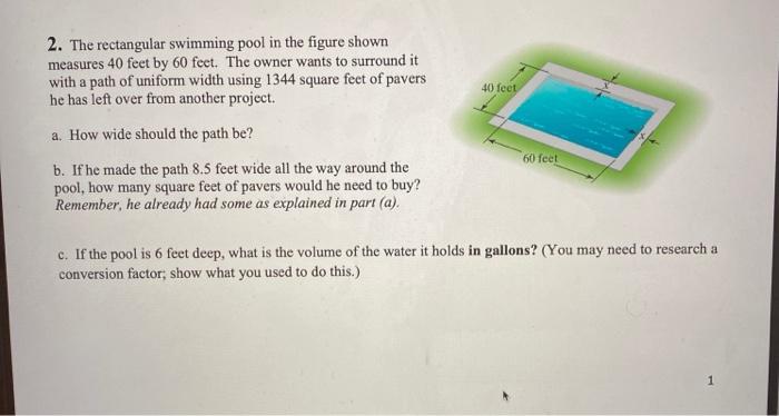 Solved 2. The rectangular swimming pool in the figure shown | Chegg.com