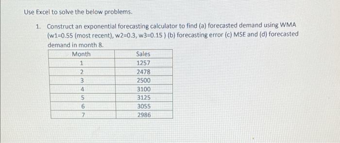 Solved Use Excel to solve the below problems. 1. Construct | Chegg.com