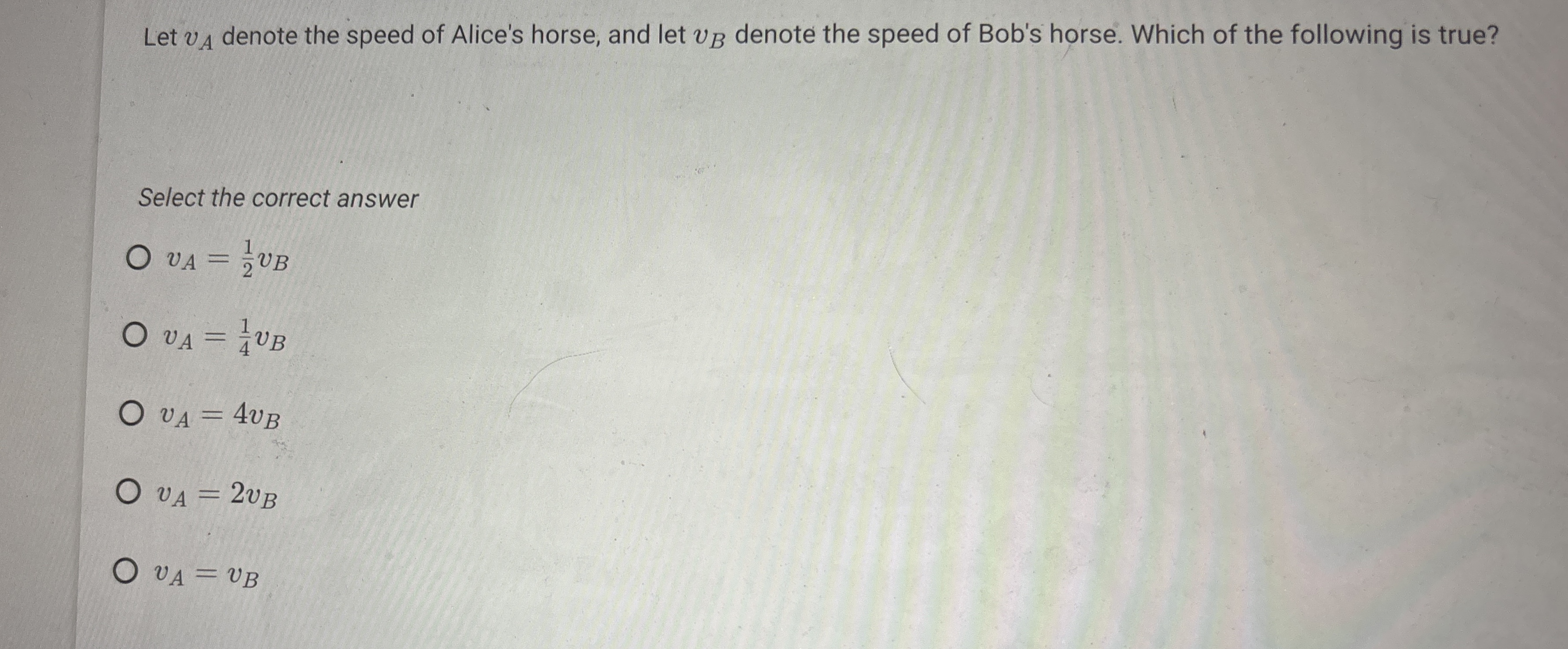 Solved Let vA ﻿denote the speed of Alice's horse, and let vB | Chegg.com