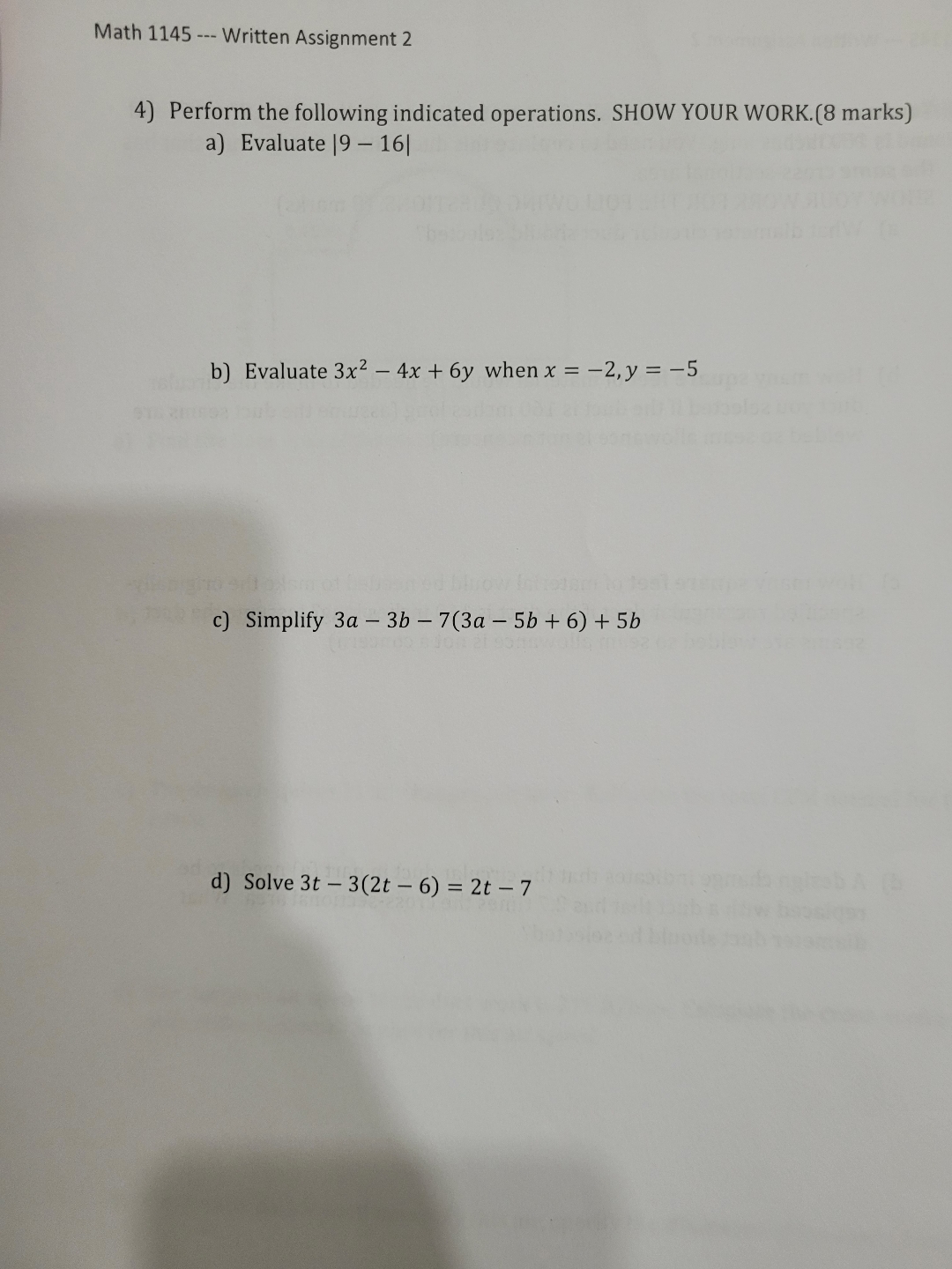 Solved Math 1145 --- ﻿Written Assignment 2Perform the | Chegg.com