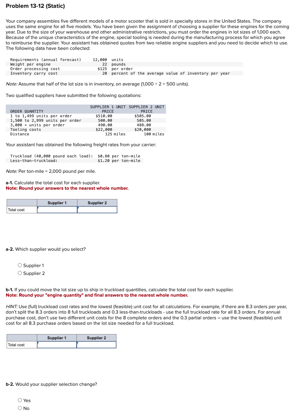 Solved Problem 13-12 (Static)Your company assembles five | Chegg.com