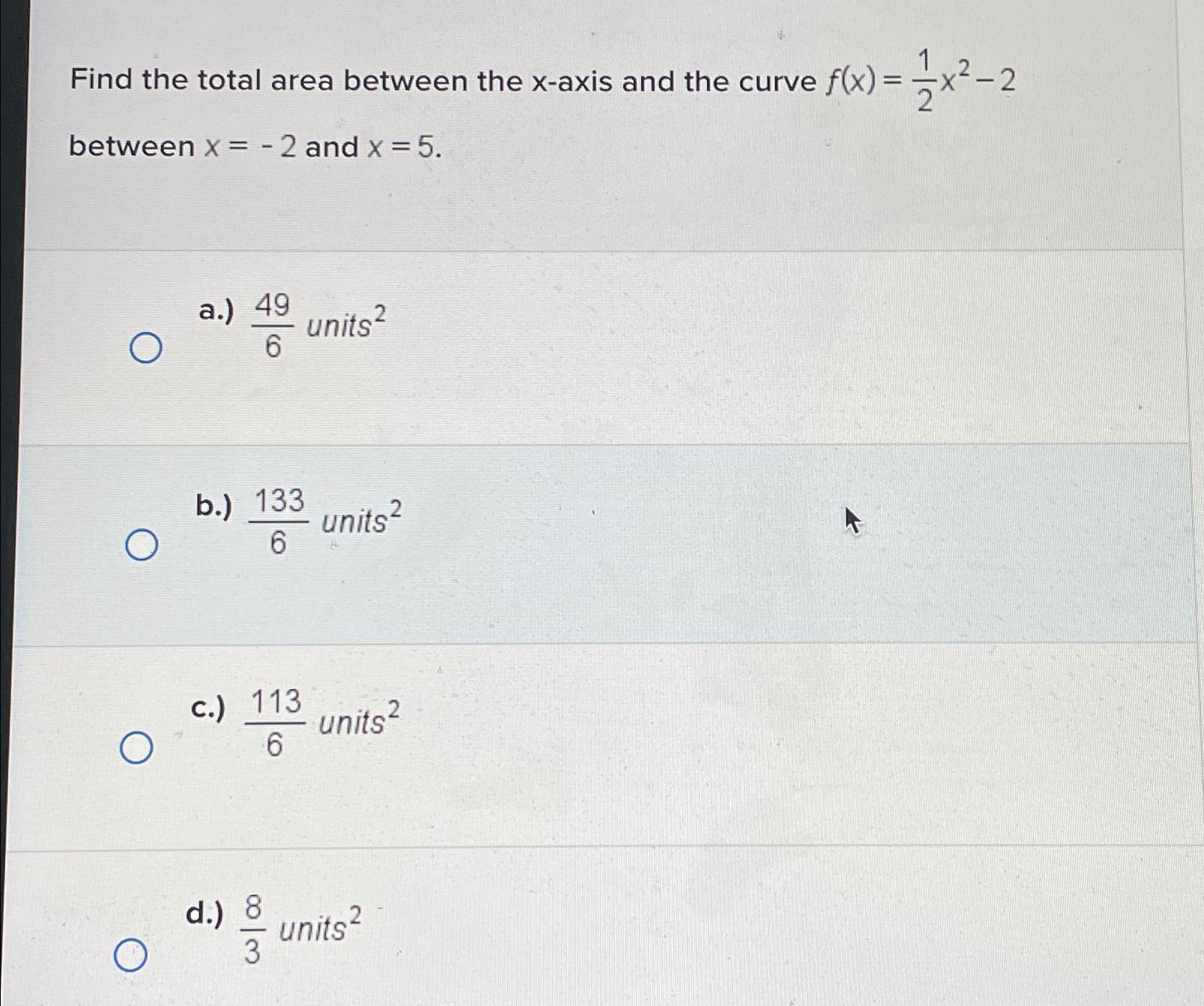 Solved Find the total area between the x-axis and the curve | Chegg.com