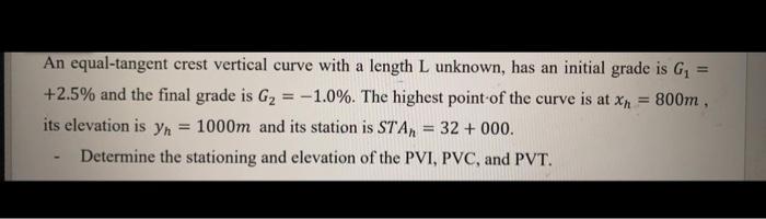 Solved An equal-tangent crest vertical curve with a length L | Chegg.com