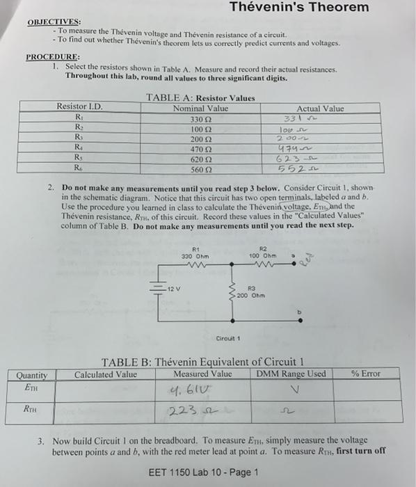 Solved Thévenin's Theorem OBJECTIVES: - To measure the | Chegg.com