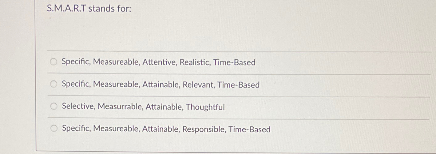 Solved S.M.A.R.T stands for:Specific, Measureable, | Chegg.com