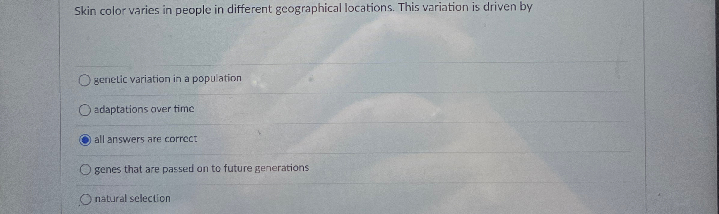 Solved Skin color varies in people in different geographical | Chegg.com