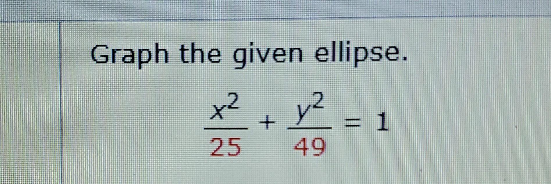 Solved Graph the given ellipse. 25x2+49y2=1Find the center, | Chegg.com