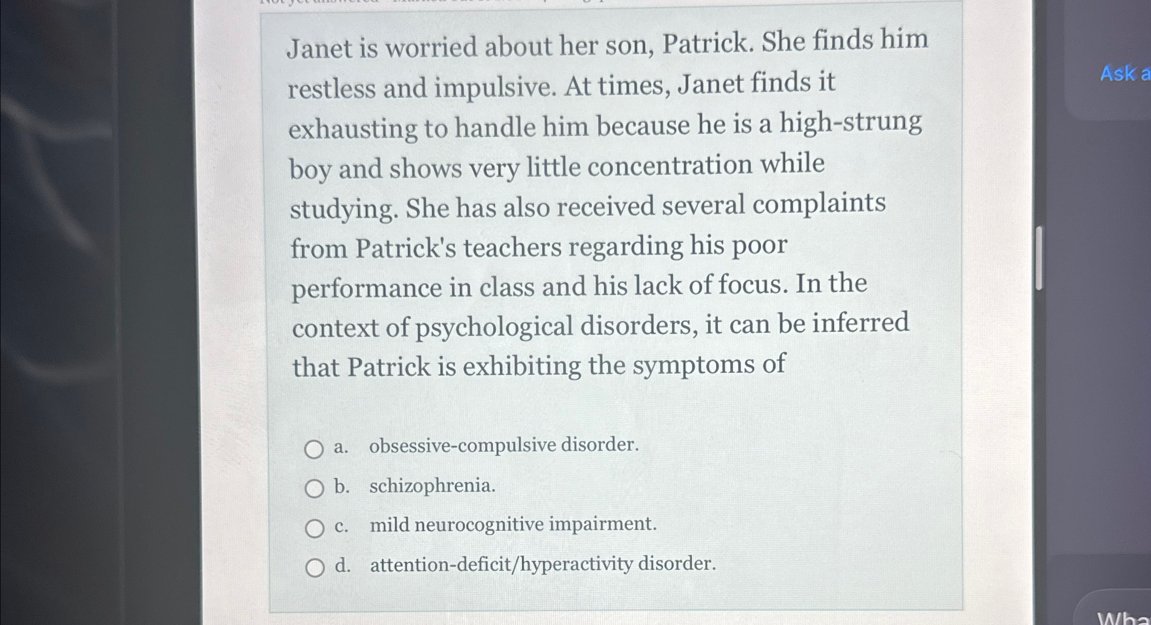 Solved Janet is worried about her son, Patrick. She finds | Chegg.com