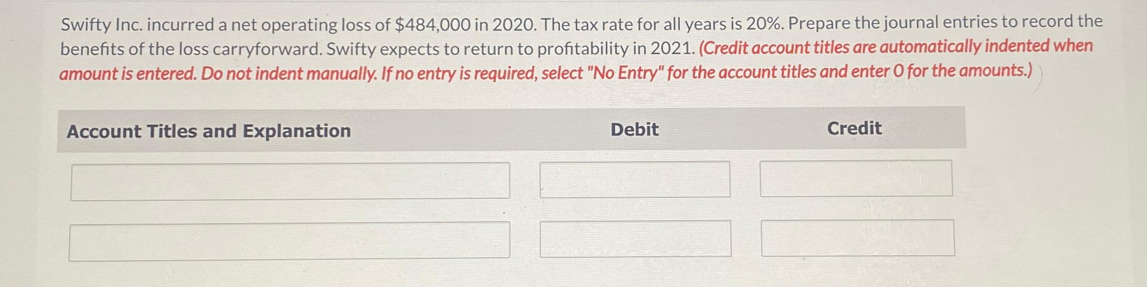 Solved Swifty Inc. incurred a net operating loss of $484,000 | Chegg.com