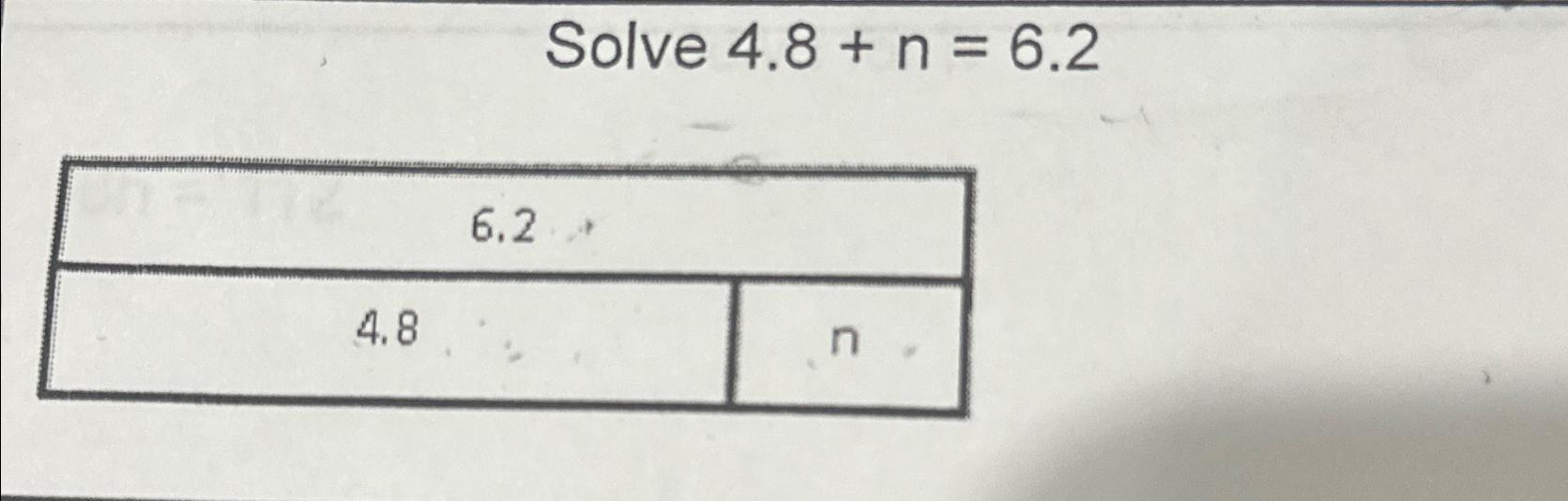 Solved Solve 4.8+n=6.2\table[[6.2],[4.8,n | Chegg.com