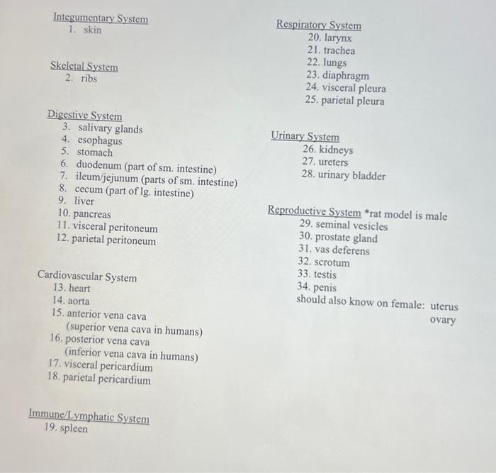 Integumentary System 1. skin Skeletal System 2. ribs | Chegg.com