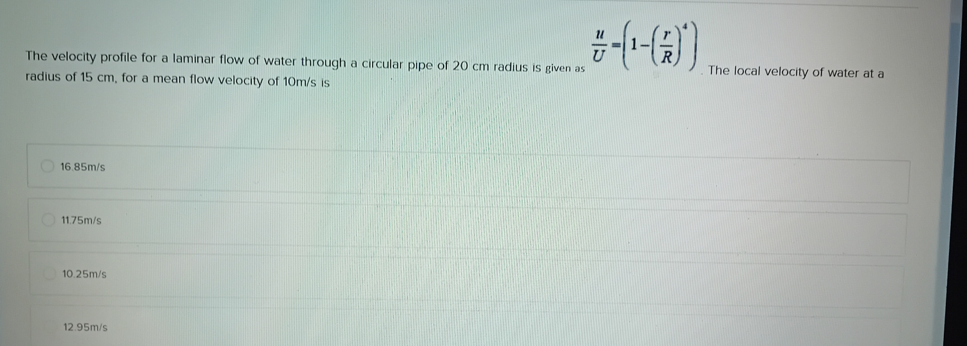 Solved The velocity profile for a laminar flow of water | Chegg.com