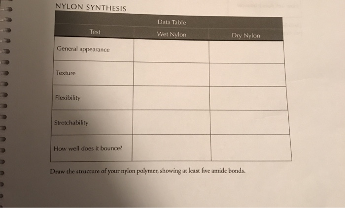 NYLON SYNTHESIS Data Table Test Wet Nylon Dry Nylon | Chegg.com