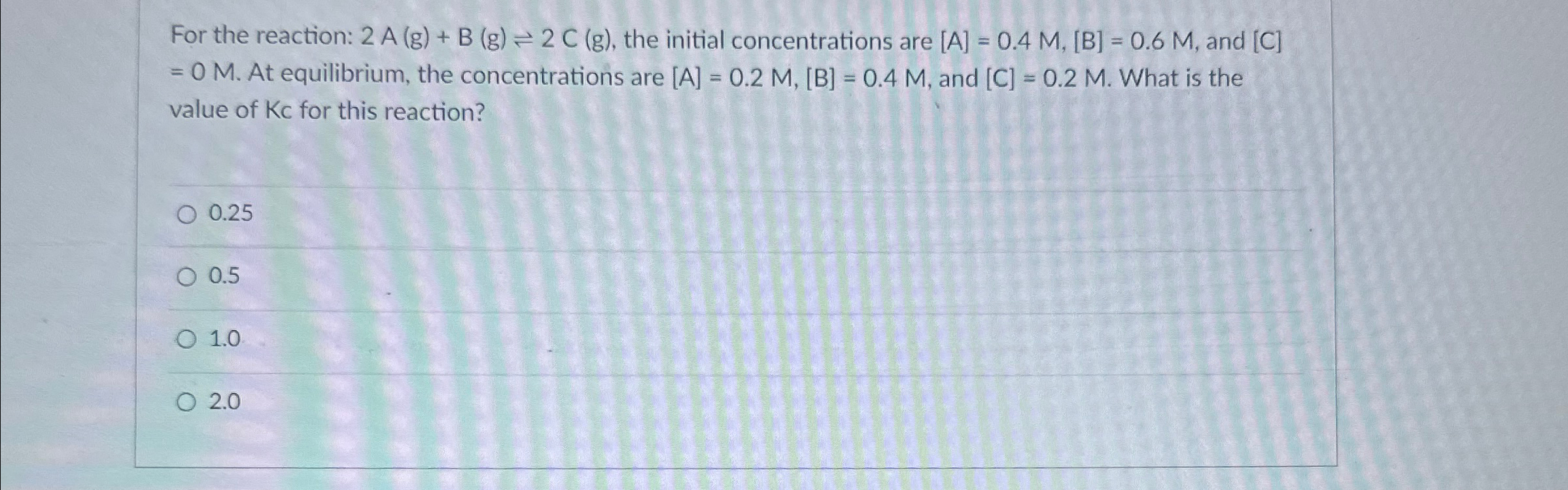 Solved For the reaction: 2A(g)+B(g)⇌2C(g), ﻿the initial | Chegg.com