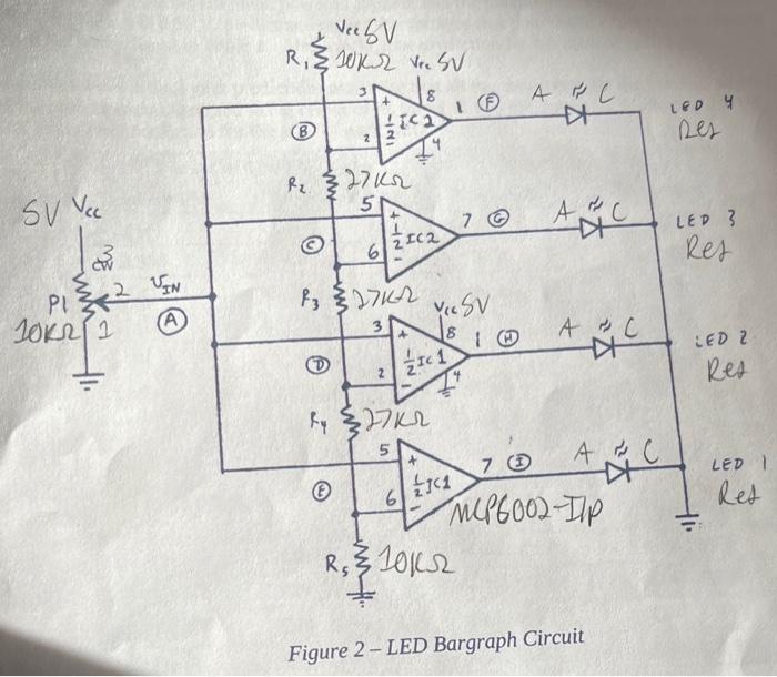 Solved Vcc = 5 V; IC-2 = MCP6002-I/P; P1 = 10k ohm; R1,5 = | Chegg.com