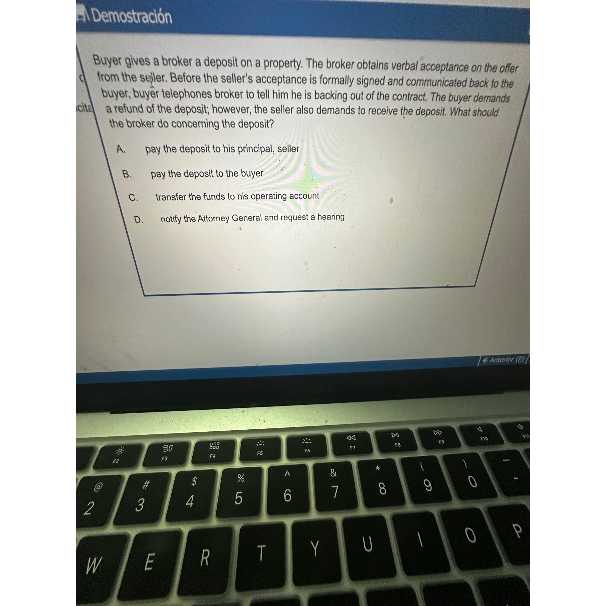 Solved DemostraciónBuyer gives a broker a deposit on a | Chegg.com