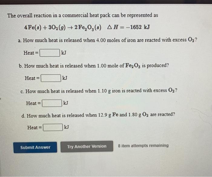 Solved The overall reaction in a commercial heat pack can be | Chegg.com