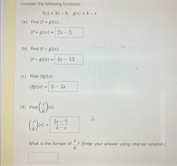 Solved Consider The Following Functions F X 3x−9 G X 4−x