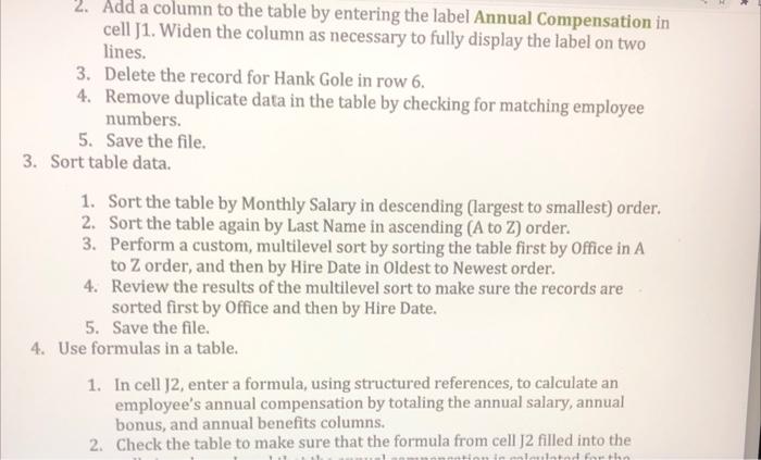 Solved 1. Create and format a table. 1. Start Excel, open | Chegg.com