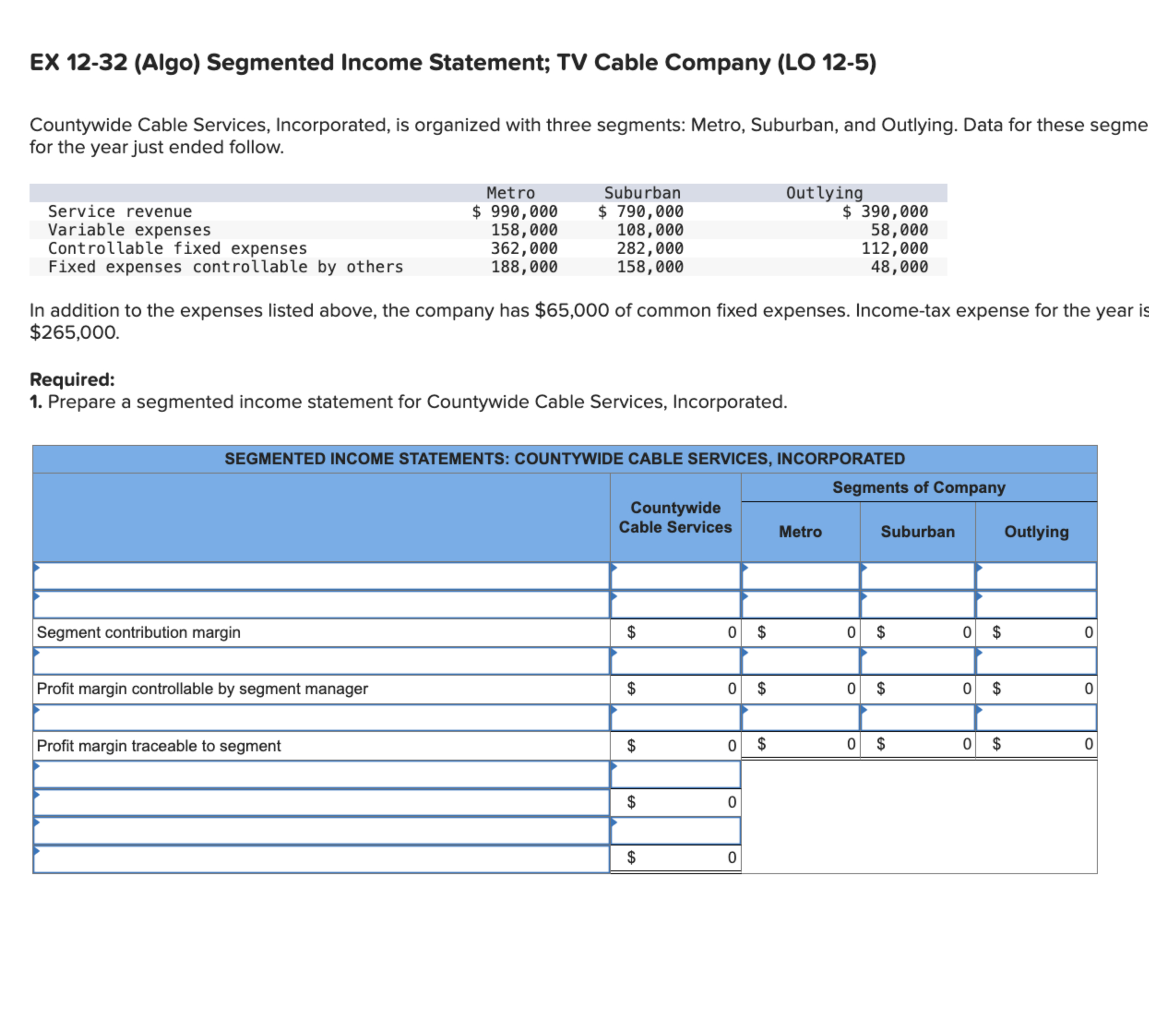Solved EX 12-32 (Algo) ﻿Segmented Income Statement; TV Cable | Chegg.com