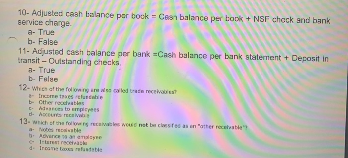 Solved 10- Adjusted cash balance per book = Cash balance per | Chegg.com