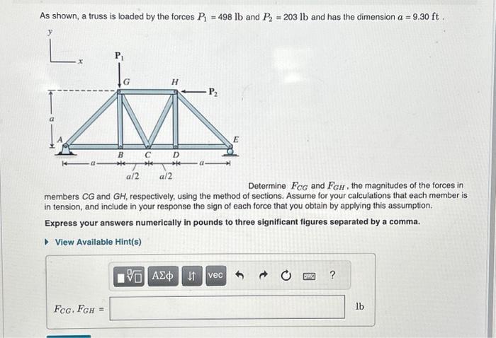 Solved As shown, a truss is loaded by the forces P₁ = 498 lb | Chegg.com