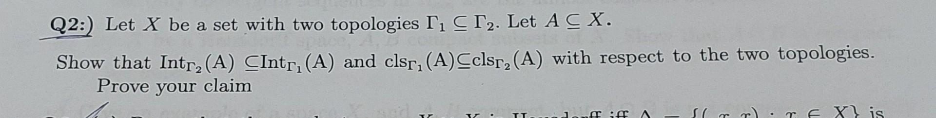 Solved Q2:) Let X be a set with two topologies Γ1⊆Γ2. Let | Chegg.com