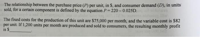 Solved The relationship between the purchase price (P) per | Chegg.com