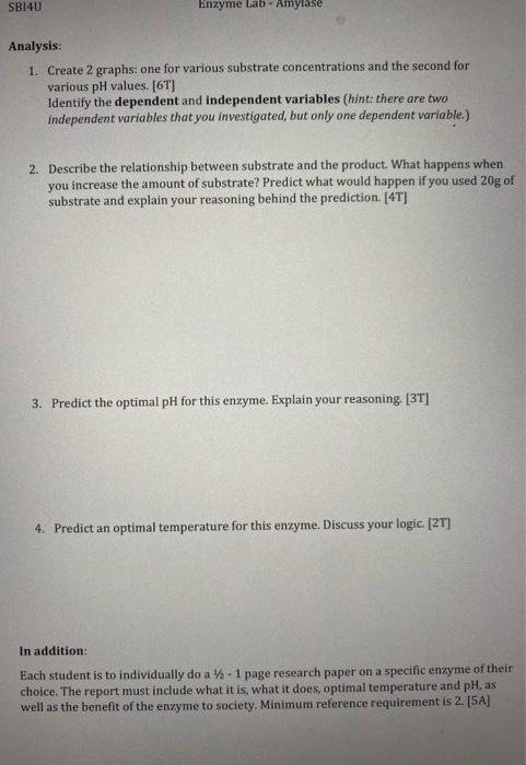 Solved SBI4U Enzyme Lab-Amylase Overview: In this | Chegg.com