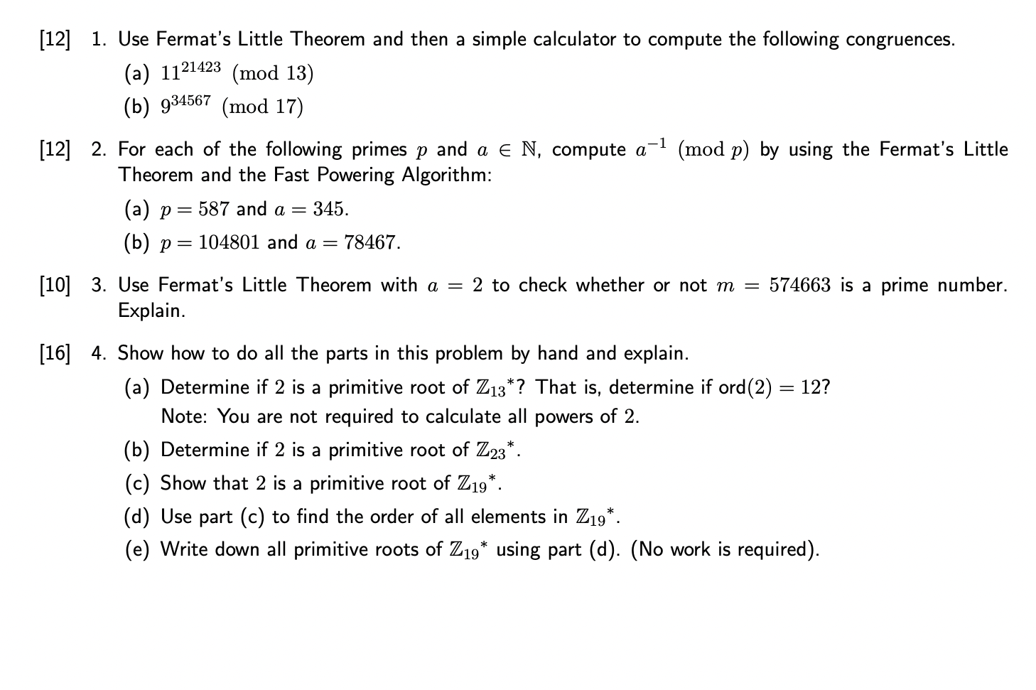 Solved [12] 1. ﻿Use Fermat's Little Theorem and then a | Chegg.com