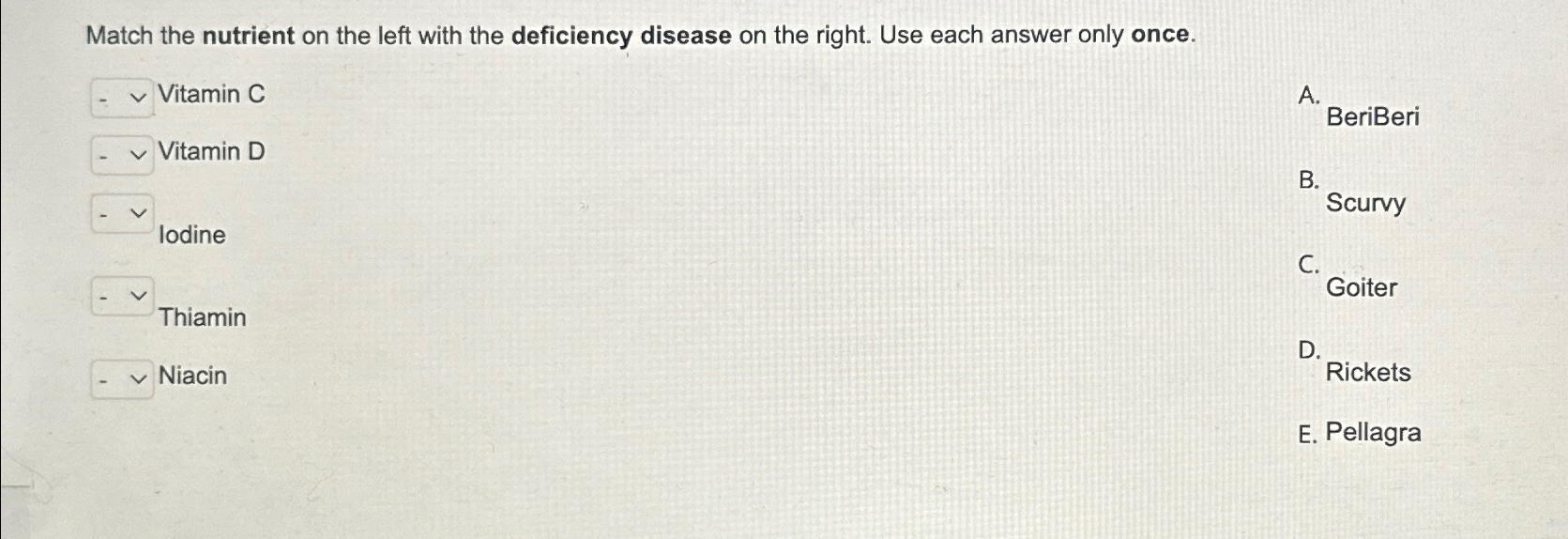 Solved Match the nutrient on the left with the deficiency | Chegg.com